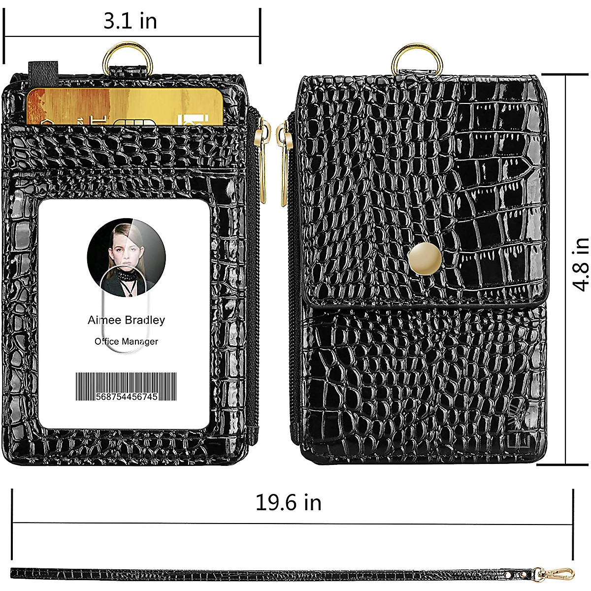 ELV Badge Holder with Zipper, PU Leather ID Badge Card Holder Wallet with 5 Card Slots, 1 Side RFID Blocking Pocket and 20 inch Neck Lanyard Strap for Offices ID, School ID, Driver Licence