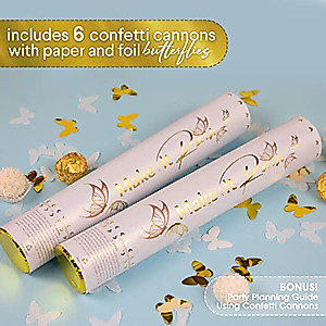 Premium Confetti Cannon - 6 Pack - White and Gold Butterfly Shaped Confetti Poppers Bulk | Party Poppers Confetti Shooters | White Confetti and Gold Confetti Cannons for Birthday, Graduation, Wedding | White and Gold Poppers Confetti Shooters | White and