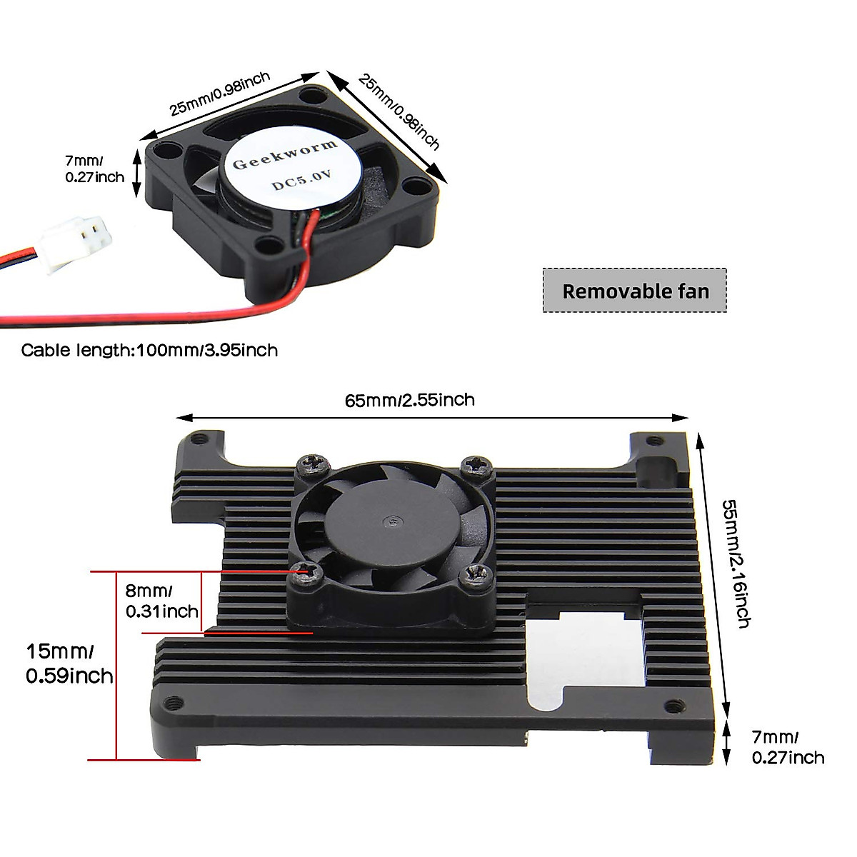 Geekworm 7mm Thickness Embedded Heatsink with Fan (P165-A) for Raspberry Pi 4, Armor Aluminum Radiator with 5V Cooling Fan Compatible with Raspberry Pi 4 Model B Computer