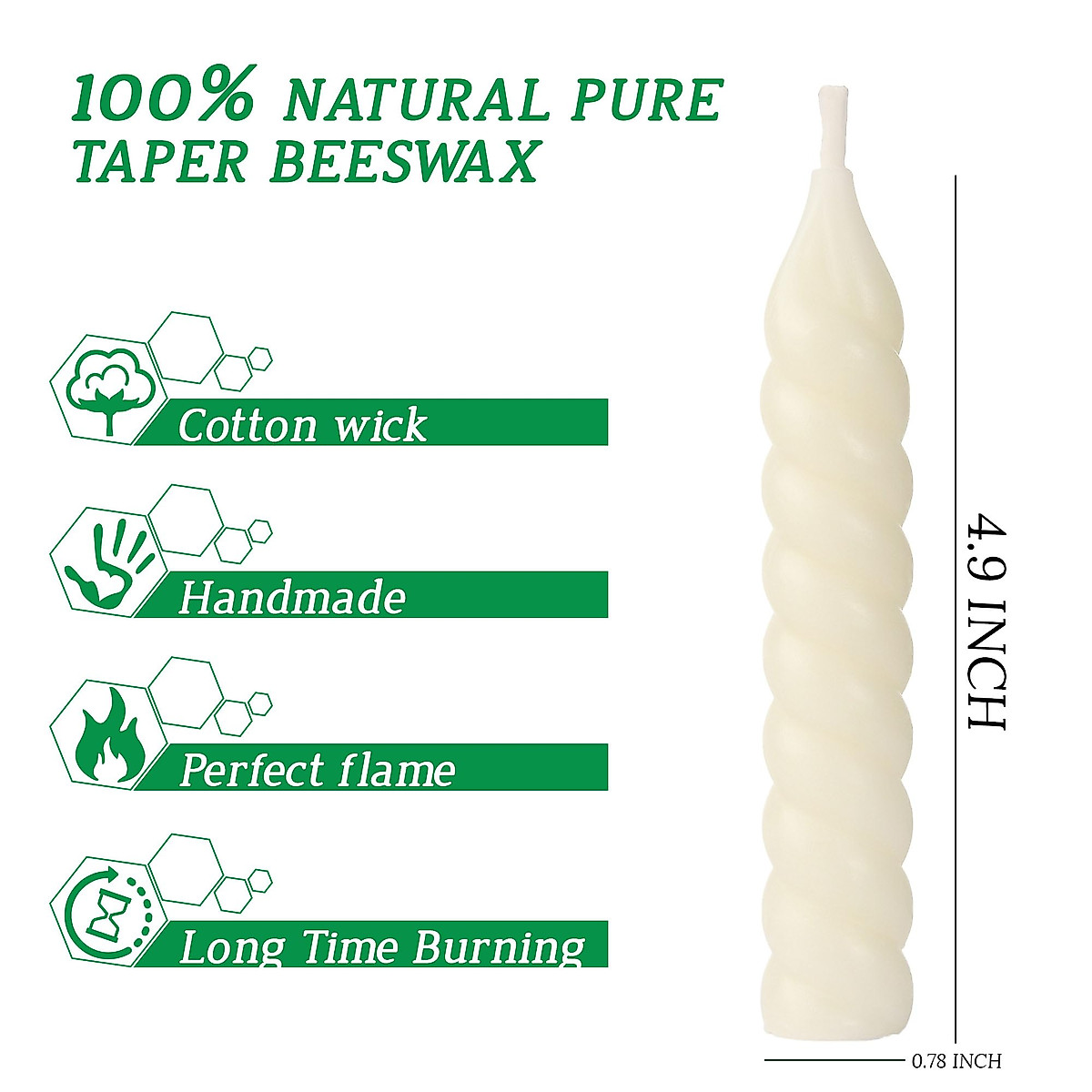 White Beeswax Taper Candles, 5 Inch Spiral Tapered Candles 10 Pack, Natural Bees Wax Candle Sticks - Smokeless Dripless and Unscented for Home Decoration, Wedding, Party