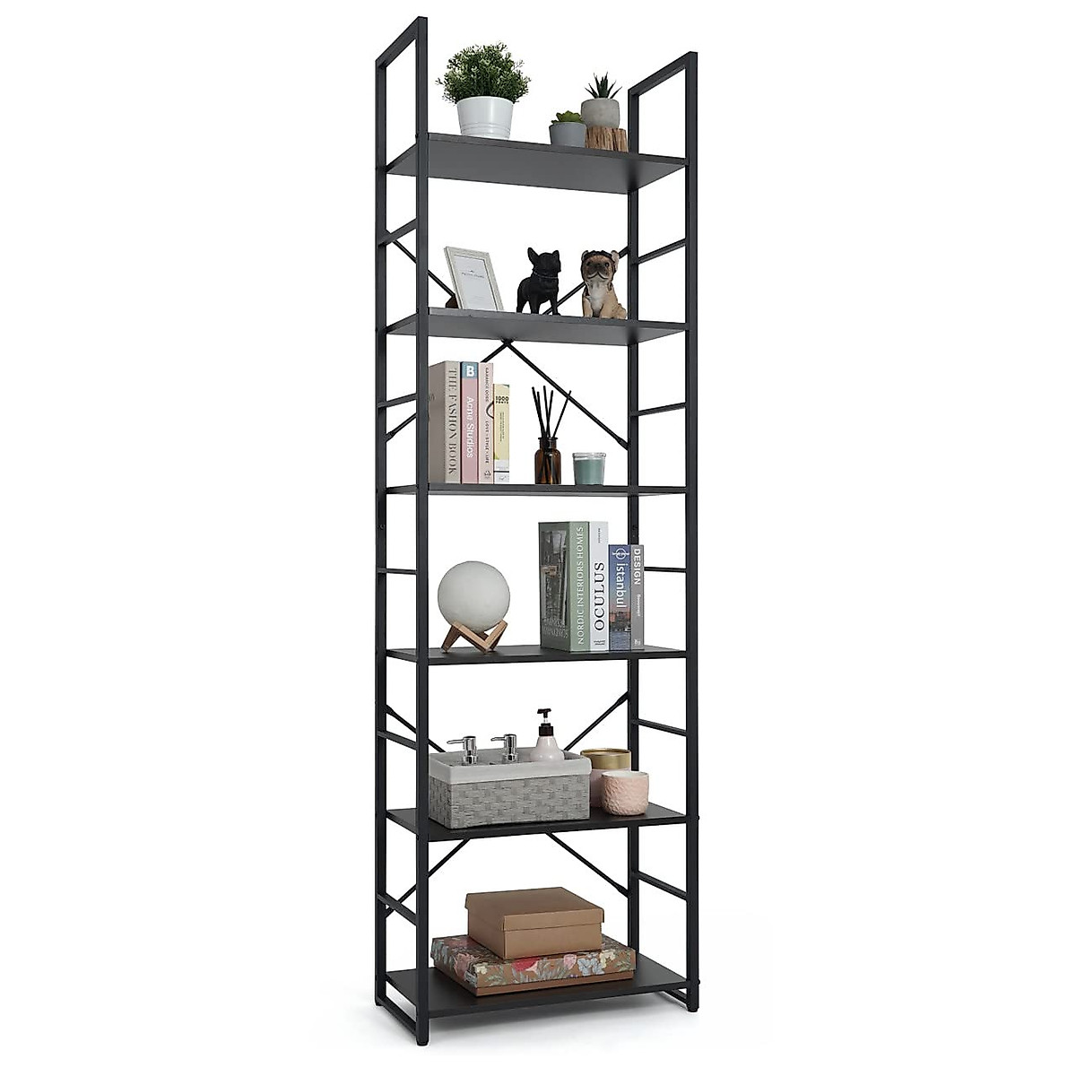 CAPHAUS 6 Tier Bookshelf, 24 Inch Width Free Standing Shelf, Bookcase Shelf Storage Organizer, Industrial Book Shelves for Home Office, Living Room, Kitchen, Black Shelves & Metal Frame