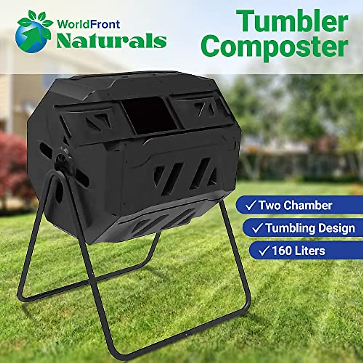WorldFront Naturals Durable Compost Tumbler Outdoor with Metal Stand - 160L Capacity Composting Bin for Efficient Organic Waste Management - Dual Chamber Composter Design