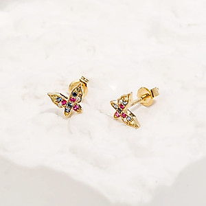 FANCIME Butterfly Studs 14K Solid Yellow Gold Multicolored 0.132ct Sapphire 0.012ct Diamond Small Tiny Cute Stud Earrings for Women Valentines Day Gifts