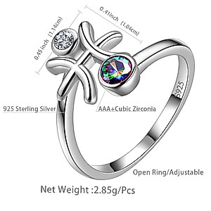 Aurora Tears Pisces Zodiac Rings Women 12 Constellation Horoscope Sign 925 Sterling Silver Mystic Rainbow Topaz Astrology Star Adjustable Birthday Gifts Fire Topaz Present DR0087Y