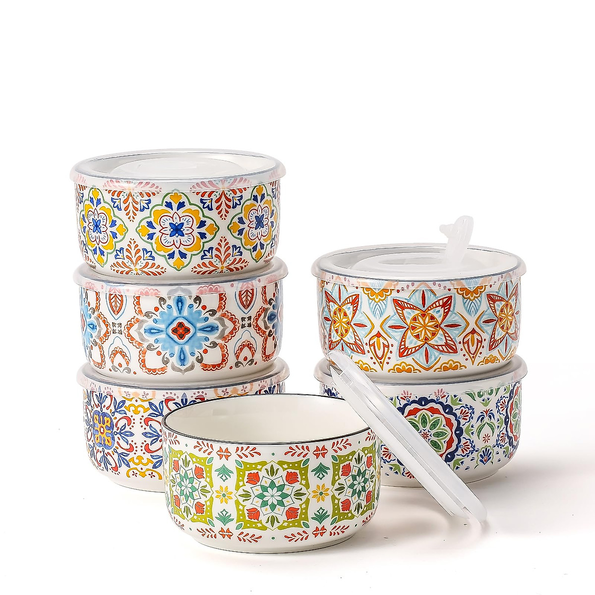 Chubacoo Ceramic Bowl with Lid: Microwave Safe Soup Containers Set of 6 for Meal Prep, Cereal, Salad, Picnic, Camping, Office Lunch, Kitchen Food Storage - 5 Inch, 20 oz, Design B