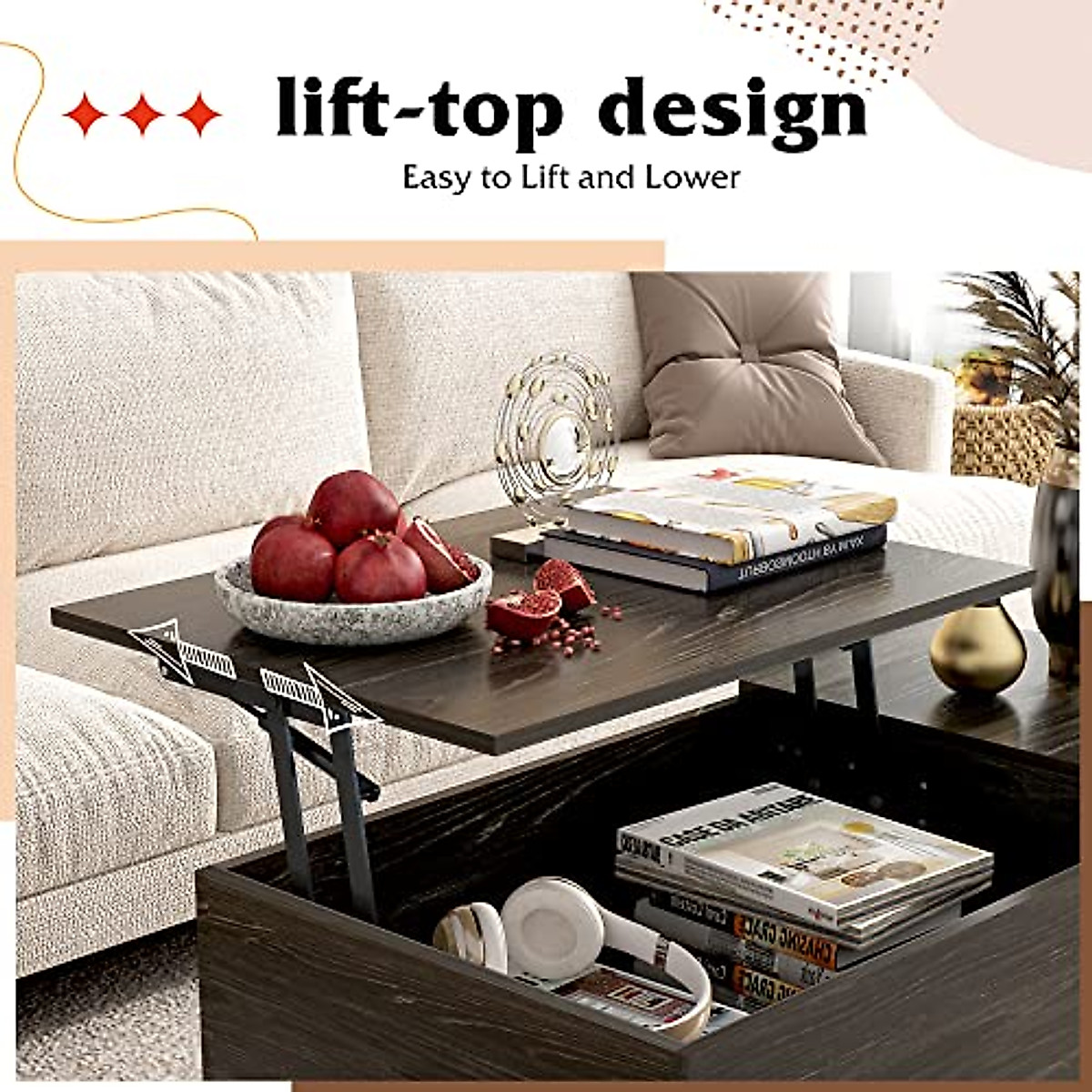 WLIVE Wood Lift Top Coffee Table with Hidden Compartment and Adjustable Storage Shelf, Lift Tabletop Dining Table for Home Living Room, Office, Charcoal Black