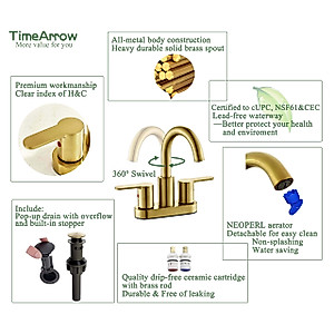 TimeArrow Brushed Gold 2 Handle Centerset Bathroom Sink Faucet with Drain Assembly, High Arc Modern 4 Inch Bathroom Vanity Lavatory Faucet 3 Holes with Brass 360° Swivel Spout, TAF067E-PB