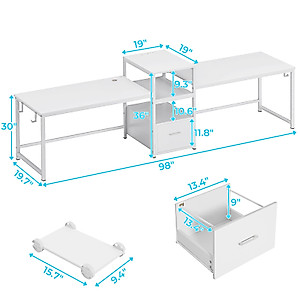 SEDETA 98" Home Office Desk, White Computer Desk with Letter/A4 File Drawer & Power Strip with USB, 2 Person Long Desk with Storage, Printer Shelf & Monitor Stand for Home Office, White