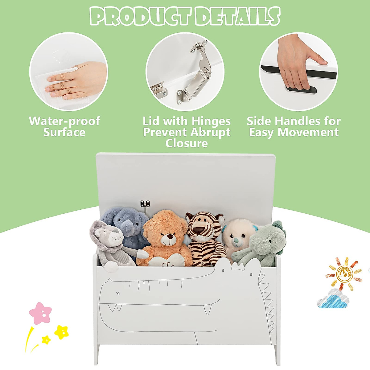 INFANS Toy Box, Wooden Kids Toy Storage Chest, Wooden Trunk Bench with Flip-top Lid Safety Hinge, Toddler Cabinet Organizer for Bedroom Playroom Nursery Entryway(White)