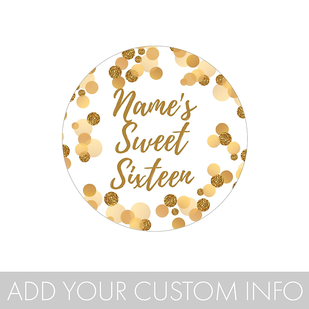 Personalized White and Gold Sweet 16 Birthday Party Favor Stickers with Name - Custom Envelope Seals, Bag Stickers - 1.75 in. Round - 40 Labels