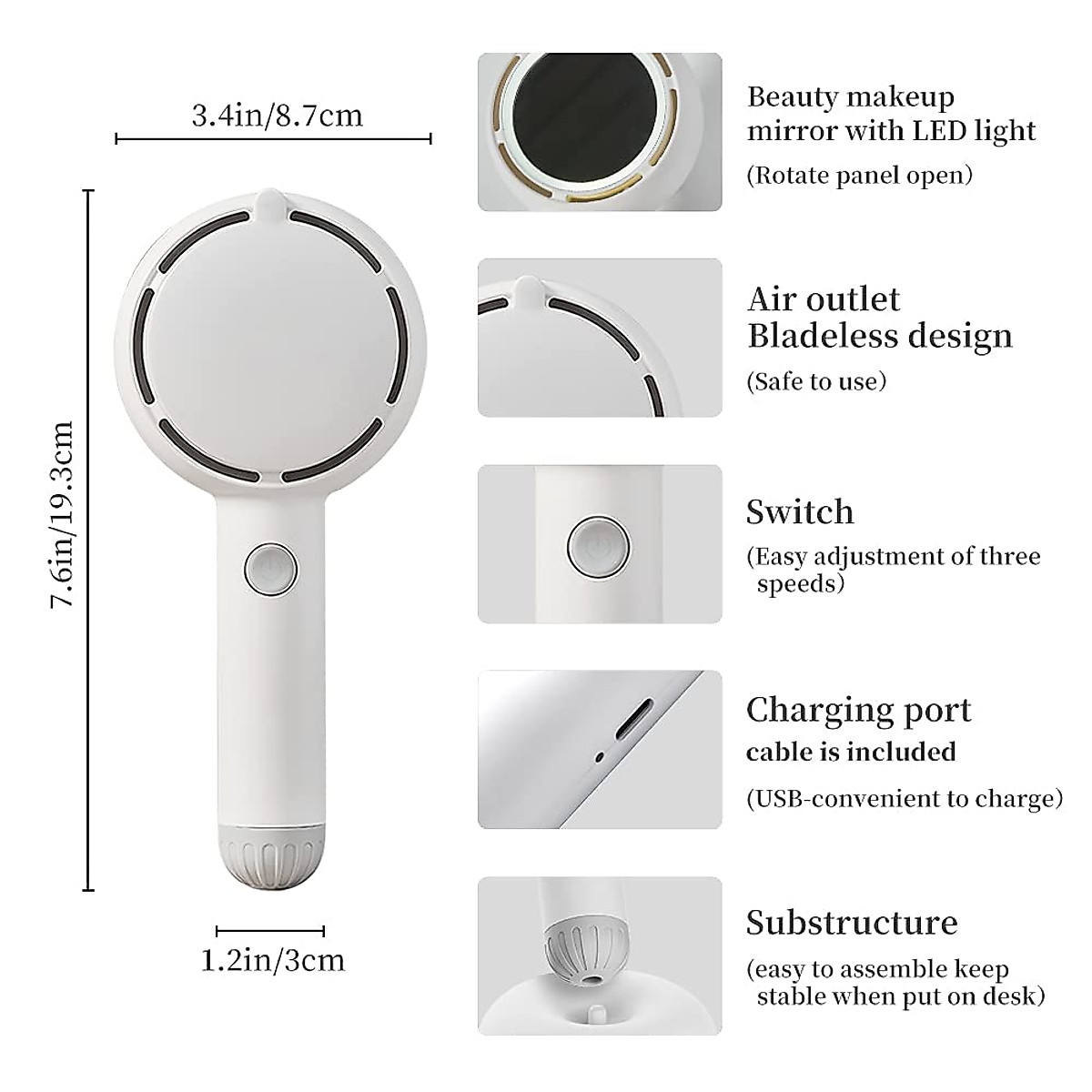 Star Compass Mini Handheld Fan, Battery Operated Rechargeable Portable Fan with LED Light Makeup Mirror, Bladeless Small Personal Fan 3 Speeds Eyelash Fan for Women Girls Outdoor Travel (White)