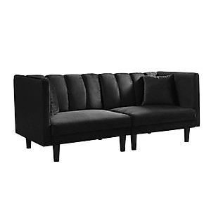 LCH Futon Bed Convertible Velvet, Modern Sleeper Sofa with 2 Pillows, 3 Adjustable Angles for Backrest, Living Room Couch with 7 Sturdy Metal Legs, Upholstered Loveseat for Home, Office, Black