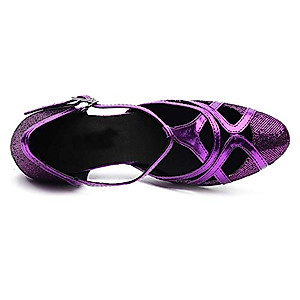 SWDZM Women Glitter Latin Dance Shoes Closed Toe Ballroom Salsa Tango Practice Performence Party Dancing Shoes,2040-Purple-LJS,Heel 2 2/5'',US 9