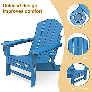 Mdeam Folding Adirondack Chair Fire Pit Chairs Adirondack Chairs Weather Resistant with 2 Cup Holder/Adirondack Retractable Ottoman for Patio Garden Backyard Lawn Outdoor(Blue)