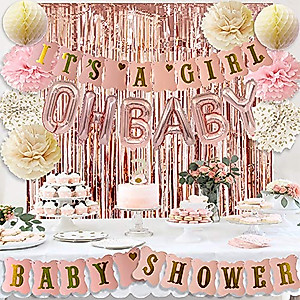 Rose Gold Baby Shower Decorations for Girl Pink Gold It’s A Girl Baby Shower Banner Rose Gold OH Baby Foil Letter Balloons Rose Gold Foil Fringe Curtains Tissue Pom Poms Honeycomb Balls by HappyField