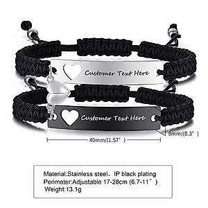 MEALGUET Personalized Heart Couple Bracelets,Customized Stainless Steel Matching Rope Braided Charm Bracelet For Lover Him Her Soulmates Friend for Anniversary Promise Valentine Day