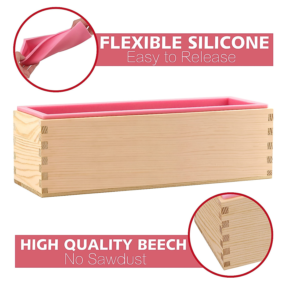 LERYKIN Rectangular Soap Mold Kit with Cutter- 42oz Flexible Silicone Loaf Soap Mold with Wood Box, Stainless Steel Wavy & Straight Scraper for Homemade Craft Soap Making Supplies