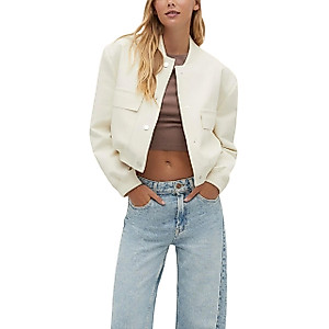 Springrain Womens Cropped Bomber Jacket Casual Varsity Jacket with Pockets Long Sleeve Outwear(Beige-S)