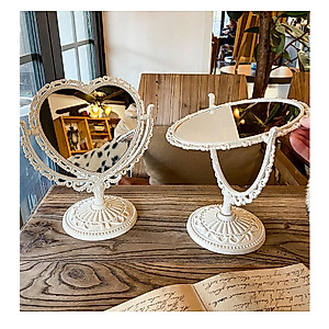 JDPEYI-Heart Shaped Mirror - Coquette Room Decor for Desk & Vanity -Double-Sided Rotatable Cute Magnifying Mirror with Stand (Beige)