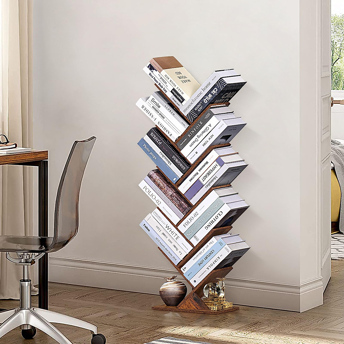 SHEEPAM 10 Tier Tree Book Shelf, Floor Standing Wood Bookshelf for Narrow Space, Storage Organizer Bookshelves for Books/CDs/Magazine, Bookcase with Shelves for Home Office, Living Room - Brown