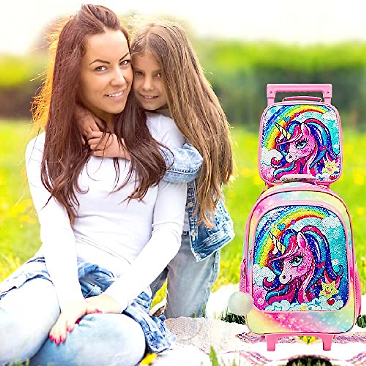 TXHVO 3PCS Rolling Backpack for Girls, Kids Rainbow Unicorn Bookbag with Roller Wheels, Cute Suitcase School Bag Set for Elementary Toddler
