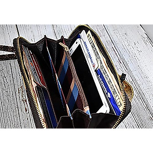 TIME WARRIOR Women's Wallet DA RFID Blocking Leather Zip Around Designer Wallets Large Phone Holder Clutch Travel Purse Wristlet Women Wallets (Brown & Gold)