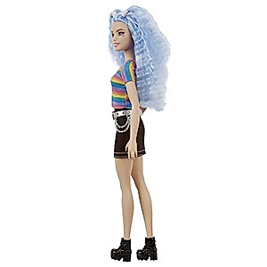 Barbie Fashionistas Doll with Long Blue Crimped Hair, Star Face Makeup, Multi-color Striped Tee, Denim Skirt, Black Boots & Silvery Chain Belt, Toy for Kids 3 to 8 Years Old
