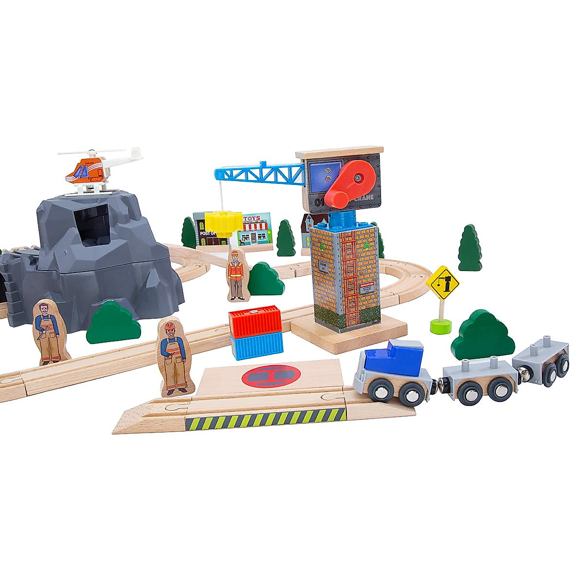 ORBRIUM Lift and Load Wooden Train Set with Magnetic Crane, Magnetic Helicopter, Large Diesel Engine, Semi-Truck, Shipping Container Flat Car Compatible with Thomas, Brio, Chuggington, Melissa & Doug