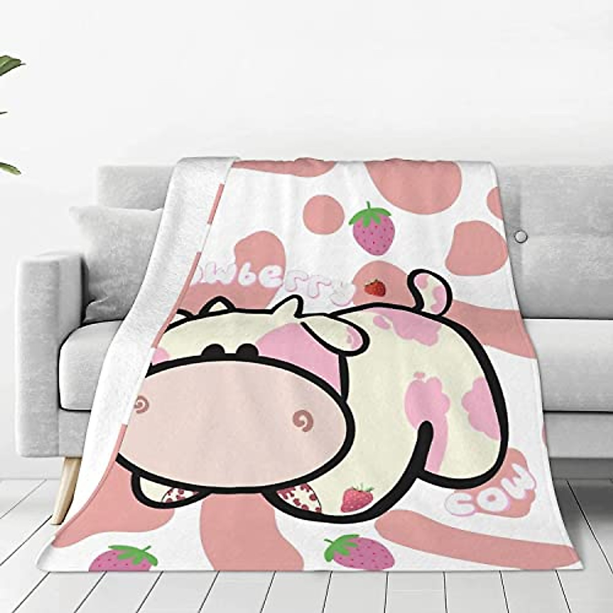 Strawberry Milk Cow Blanket Lightweight Flannel Fleece Cartoon Cute Animal Throw Blankets Soft Cozy Plush Microfiber All-Season Blanket for Bed/Couch/Sofa-50 x40 in