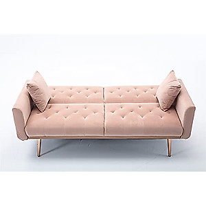 Voohek Velvet Futon Sofa, Tufted Loveseat Couch, Convertible Sleeper Bed, Accent Recliner with Golden Metal Legs & 2 Pillows for Home Living Room Bedroom, Pink
