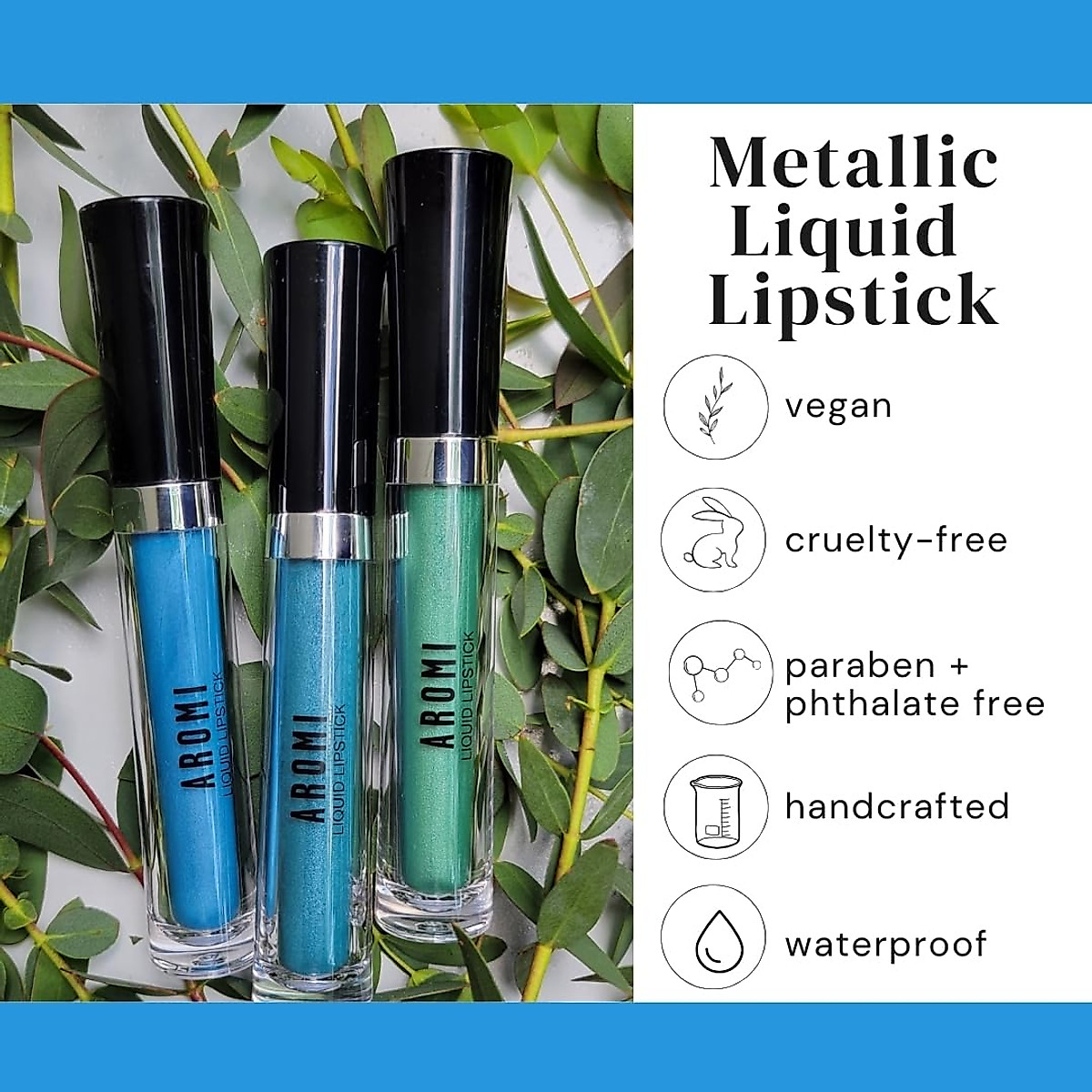 Aromi Bright Blue Metallic Liquid Lipstick | Sparkly Sky Lip Color with Shimmery Finish, Vegan Makeup, Cruelty-free, Long-lasting (Snow Queen)