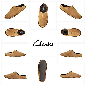 Clarks Mens Open Back Suede Leather Slipper With Heavy Stitching - Plush Sherpa Lining - Indoor Outdoor House Slippers For Men (11 M US, Tan)
