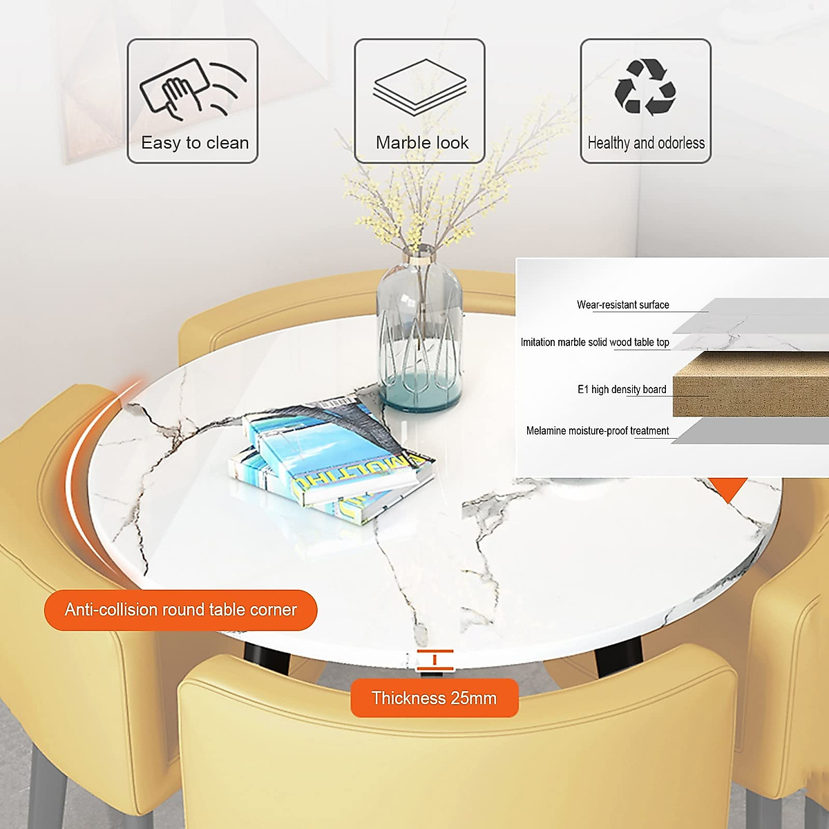Small Conference Room Negotiation Table Sets,marble Round Table and PU backrest Chair Sets5-Piece,Office Reception Round Table and lounge chair Set,Coffee Table and Chair Set,for Family Apartment