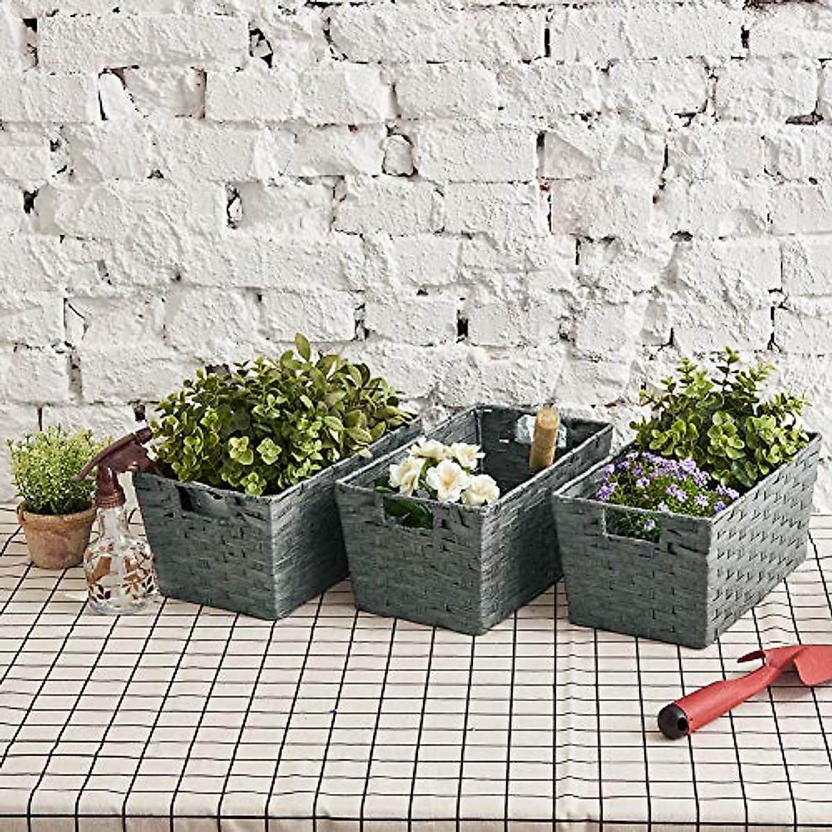 EZOWare 3pcs Weaving Storage Baskets, Multipurpose Wicker Organizer Bins Boxes with Handles for Shelf, Bathroom, Pantry, Accessories - Paper Rope Gray