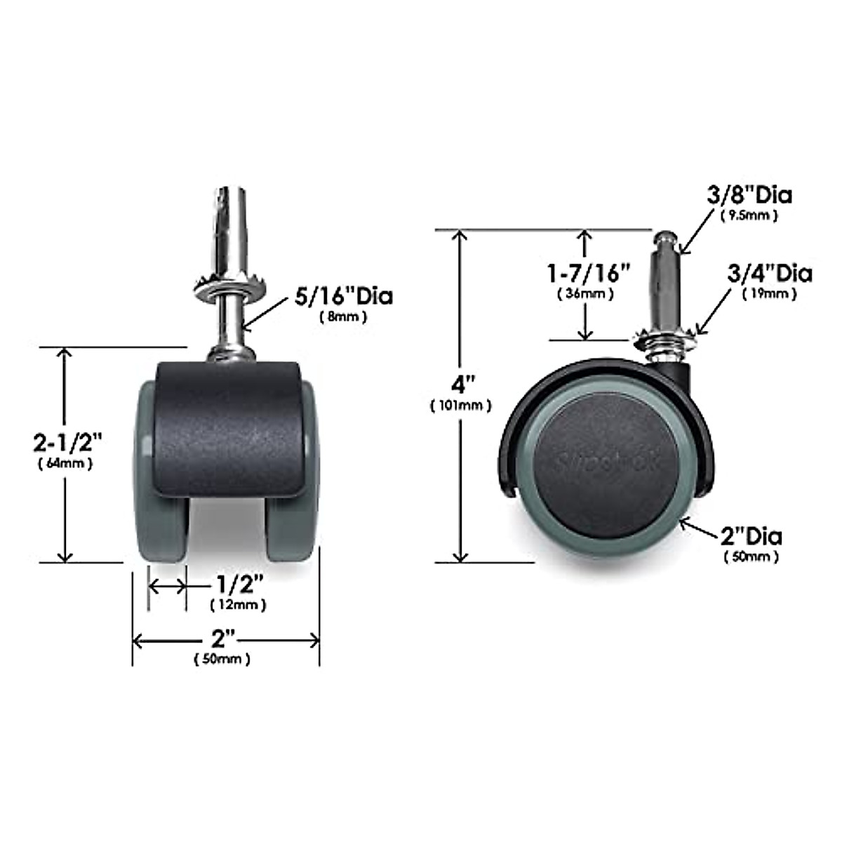 Slipstick CB681 2 Inch Floor Protector Rubber Caster Wheels (Set of 4) 5/16 Inch Stem or Top Plate Mounting Options - Black/Gray Green