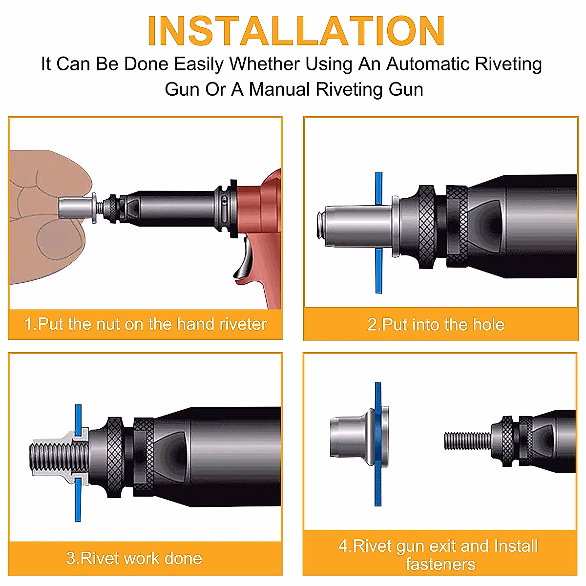 VIGRUE 150pcs #8-32#10-24 1/4"-20 5/16"-18 3/8"-16 Carbon Steel UNC Rivet Nuts Assortment Kit, Yellow Zinc Plated Finish, Flat Head Threaded Insert Nut Assort