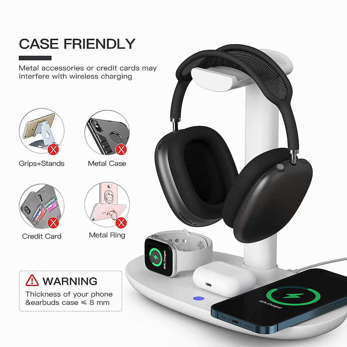 Headphone Stand with 15w Wireless Charger, Suguder 4 in 1 Charging Station Headset Holder for AirPods Max/Pro/4/3/2 iWatch 10/9/8/7/6/5/4/3/2/1/SE iPhone 16/15/14/13/12/11/X for Desktop Table Game