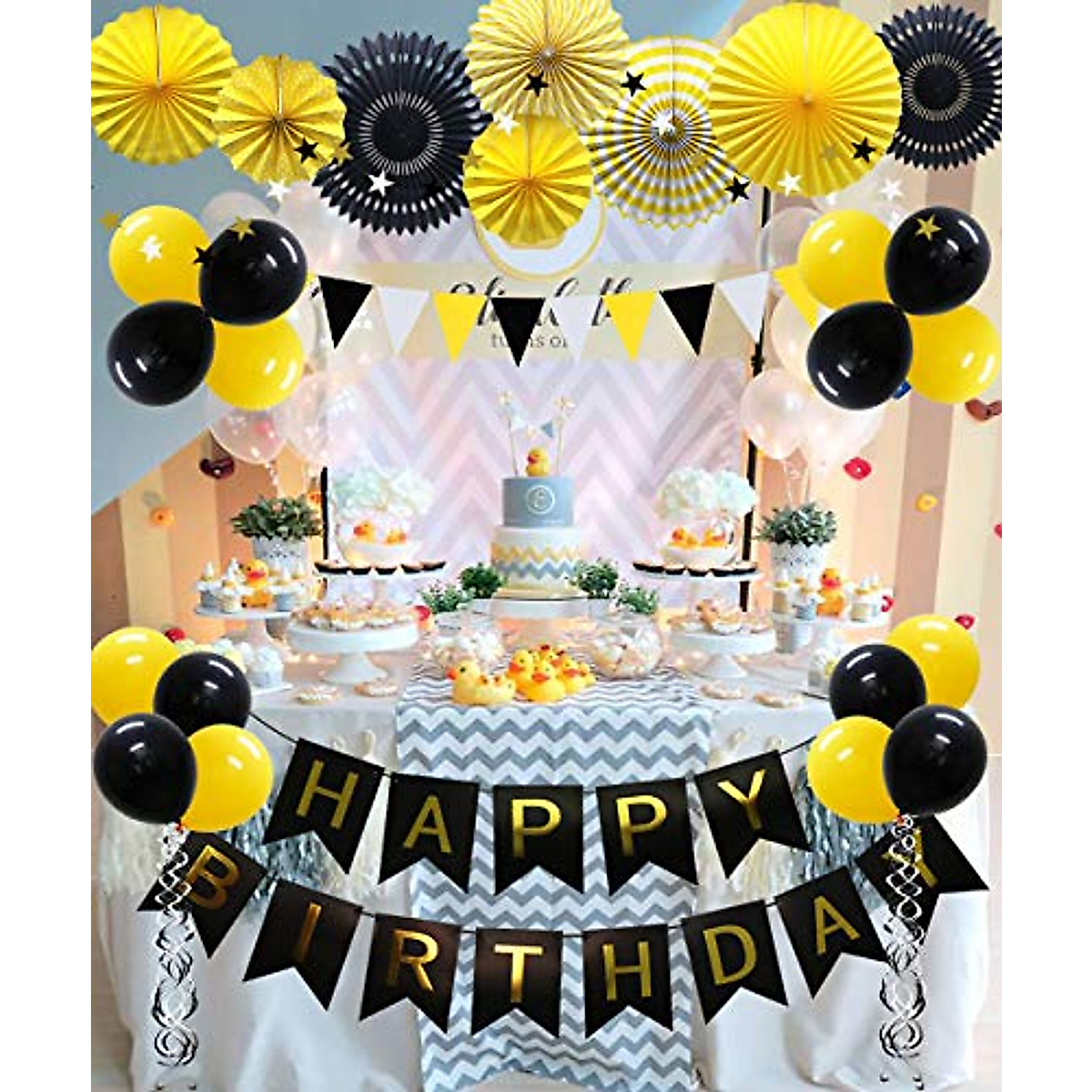 ADLKGG Yellow Black Party Birthday Decoration, Happy Birthday Banner with Balloons, Triangular Pennants, Hanging Swirls, Paper Fans, Circle Star Paper Garland for Baby Shower Bumble Bee Theme Birthday