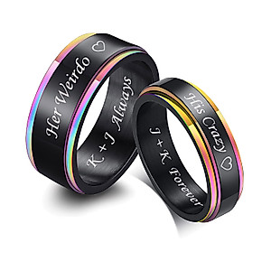 MZZJ Her Weirdo&His Crazy Couple Ring 8MM&6MM Black Polish 2 Tone Stainless Steel Rainbow Step Edge Spinner Rings for Wedding Band Engagement for Him Her,Birthday Gift for Boyfriend Girlfriend