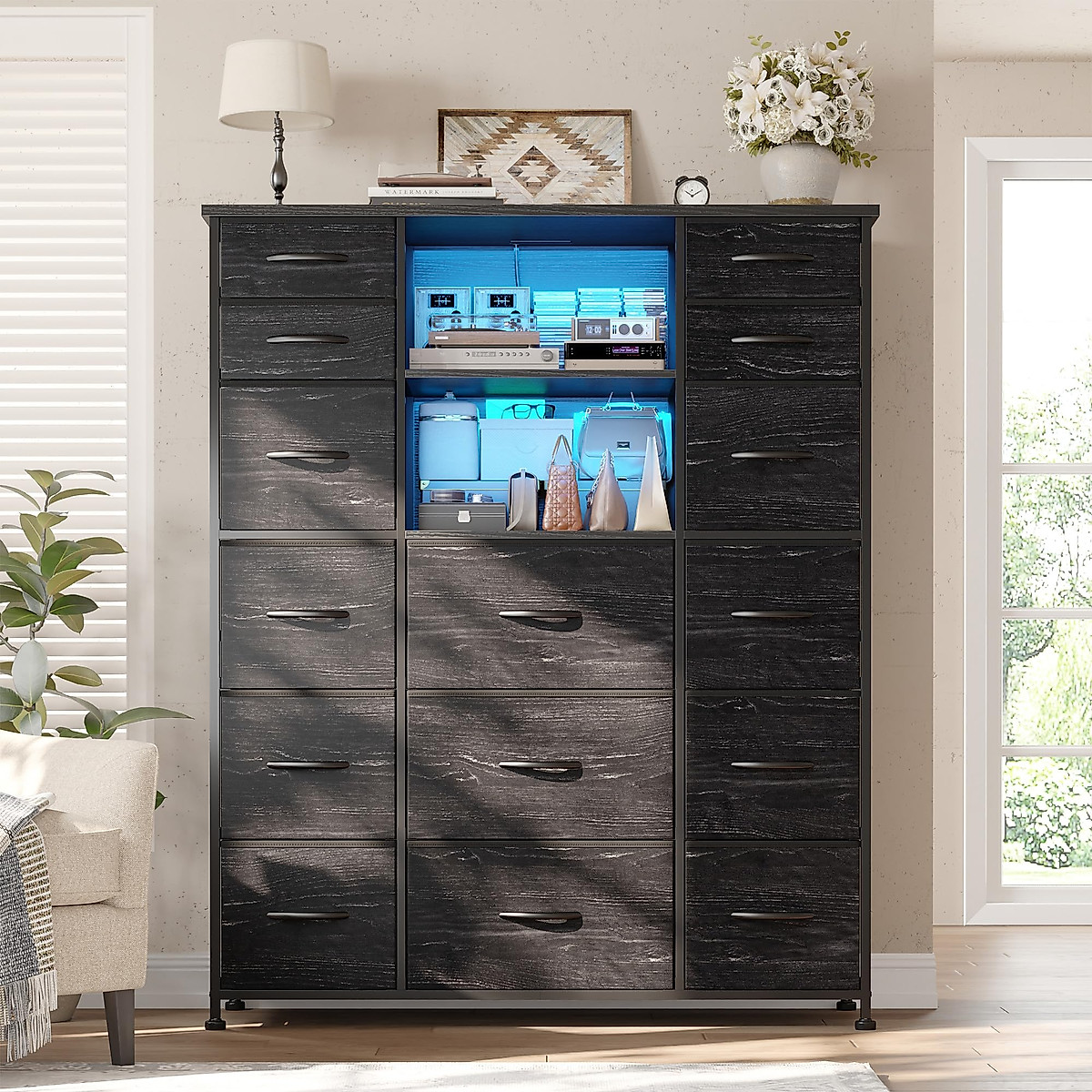 EnHomee 51" H Tall Dressers with Hutch 15 Drawer Dresser for Bedroom with Charging Station & LED Lights Sturdy Black Bedroom Dresser,Steel Frame, Wood Top, 51.2" H x 39.3" W x 11.8" D