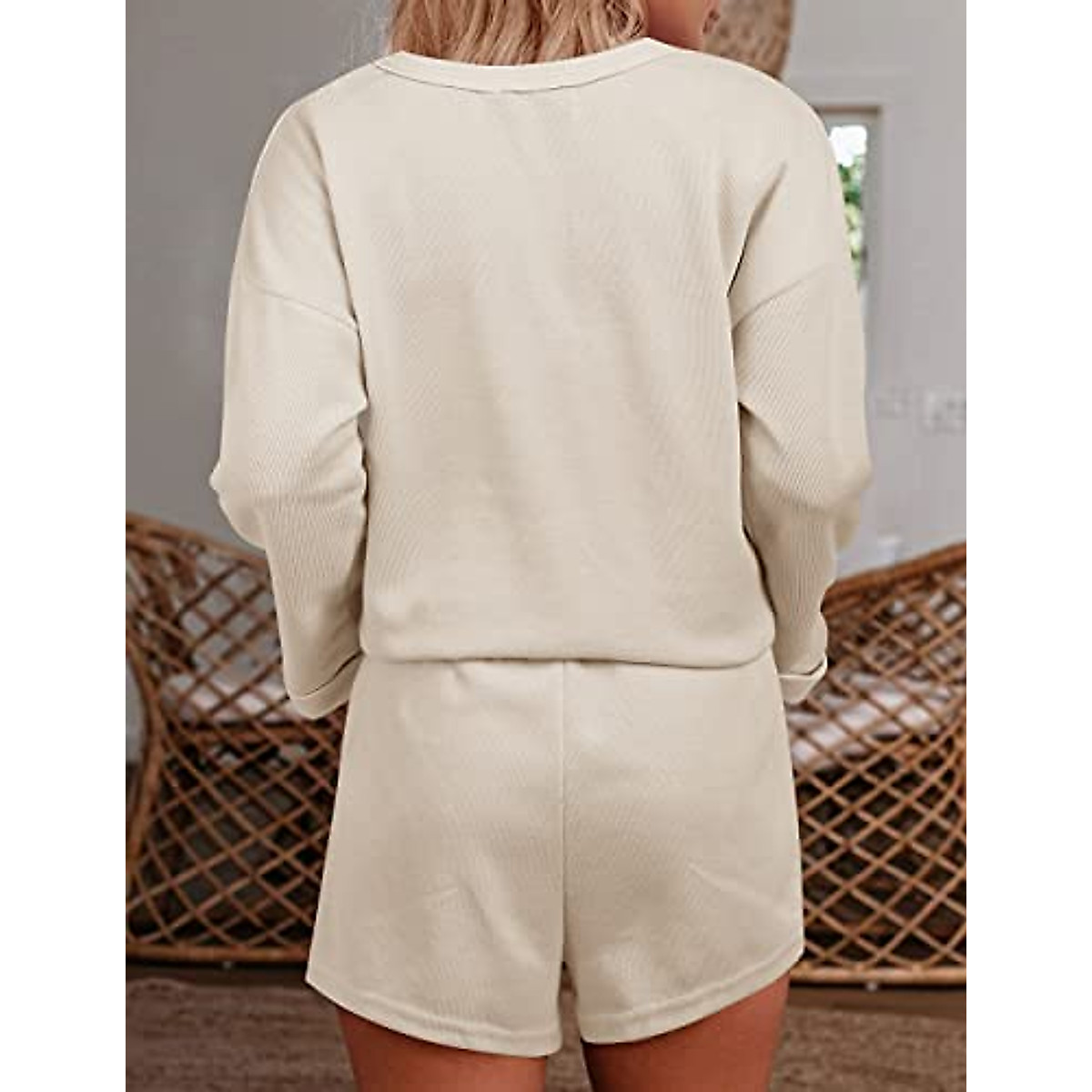 MEROKEETY Women's Long Sleeve Pajama Set Henley Knit Tops and Shorts Sleepwear Loungewear, Beige, L