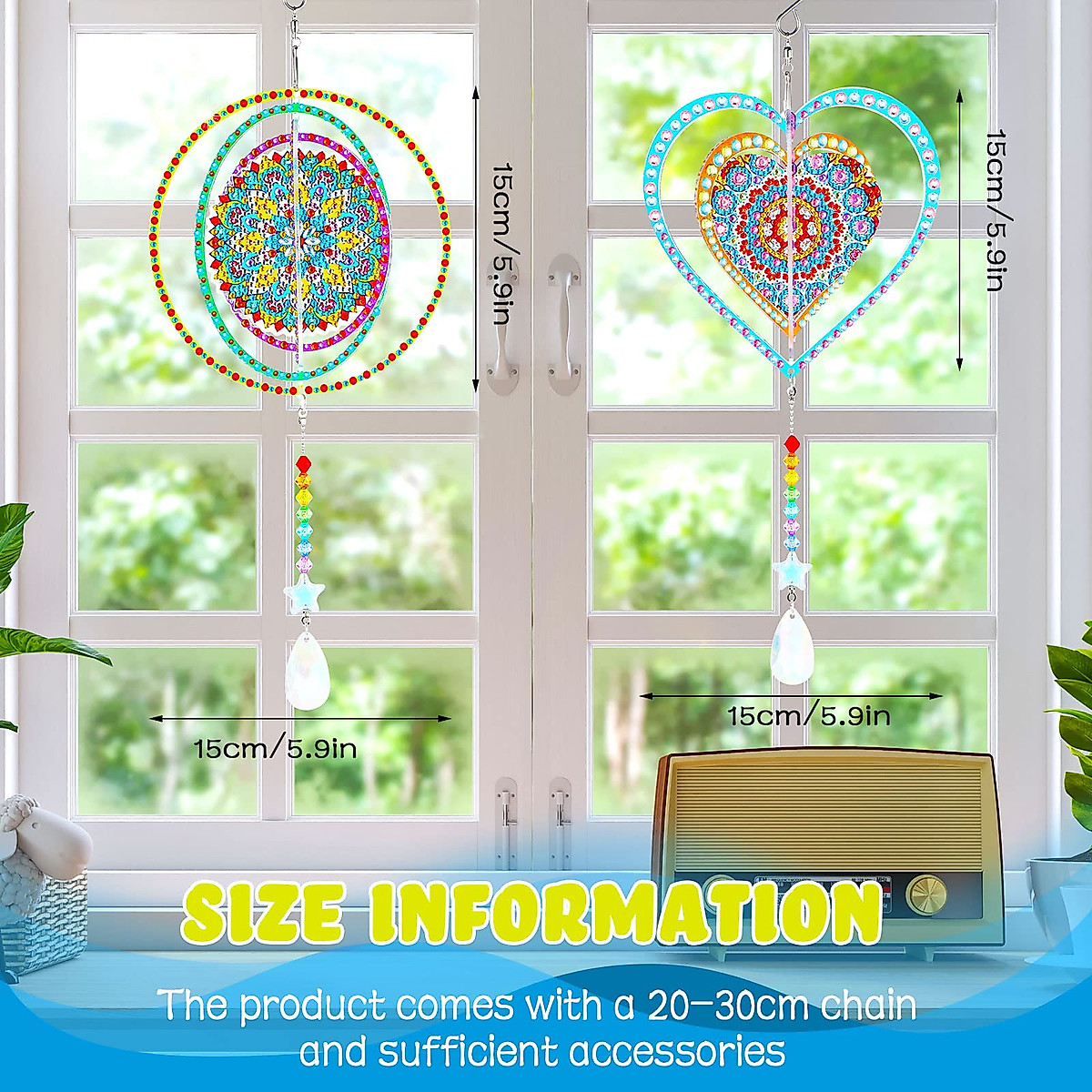 Queekay 2 Pieces 3D Diamond Wind Chime Diamond Art Suncatcher Kits Three Dimensional by Number Hanging Ornament Double Sided Crystal Suncatcher Window Decor for Home Wall Garden(Heart)