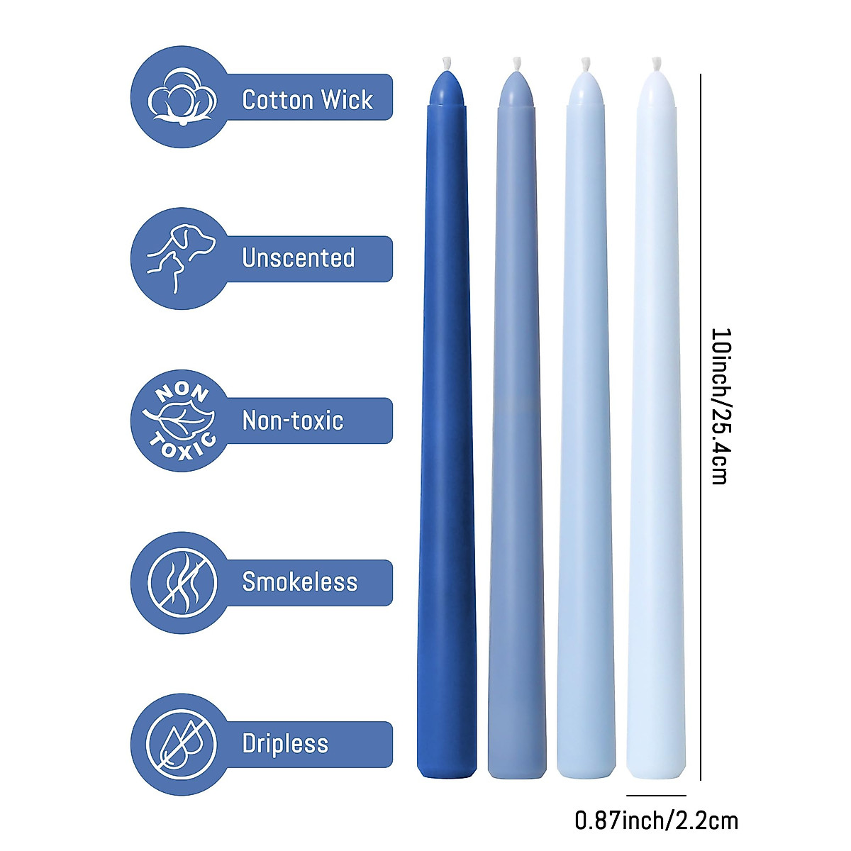 Viyffo 10 Inch Taper Candles Blue Set of 20 Unscented, Dripless, Smokeless Long Tall Tapered Candlesticks Wedding Home Decor Dinner-Natural Color Series