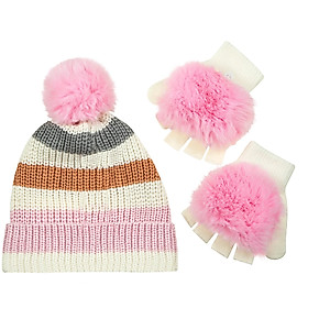 PEAK 2 PEAK Girls Hat and Fingerless Gloves Winter Set, Marled Yarn Knitted with Pink Pompom on hat and Glove - Age 4-12 Years