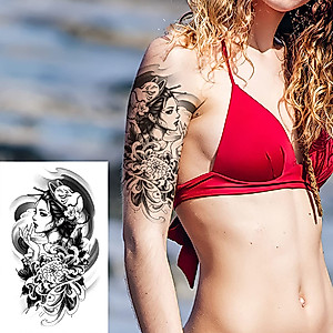 Oottati 6 Sheets Arm Fake Waterproof Temporary Tattoos Stickers Black Japanese Geisha Samurai Women Flower Lotus