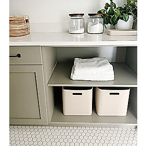 Chloe and Cotton Vegan Leather Storage Bin | Living Room Storage Container | Sturdy Basket with Handles | Decorative Bin for Shelves, Bookcases & Cubbies | Beige