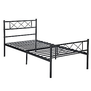 SYING88 LT Double Size Single Metal Bed Frame - Black Low Profile for Adults and Children with Headboard and Large Storage Space for Boys Girls