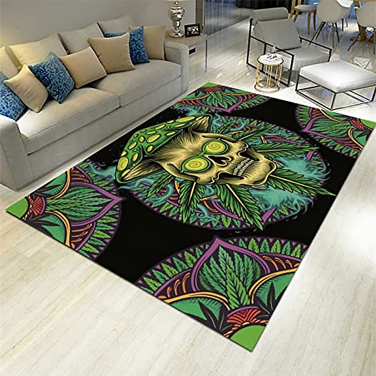 LGGQQW Trippy Weed Psychedelic Mushroom Skull Area Rug Hippie Green Plants Carpet for Bedroom Living Room Decor