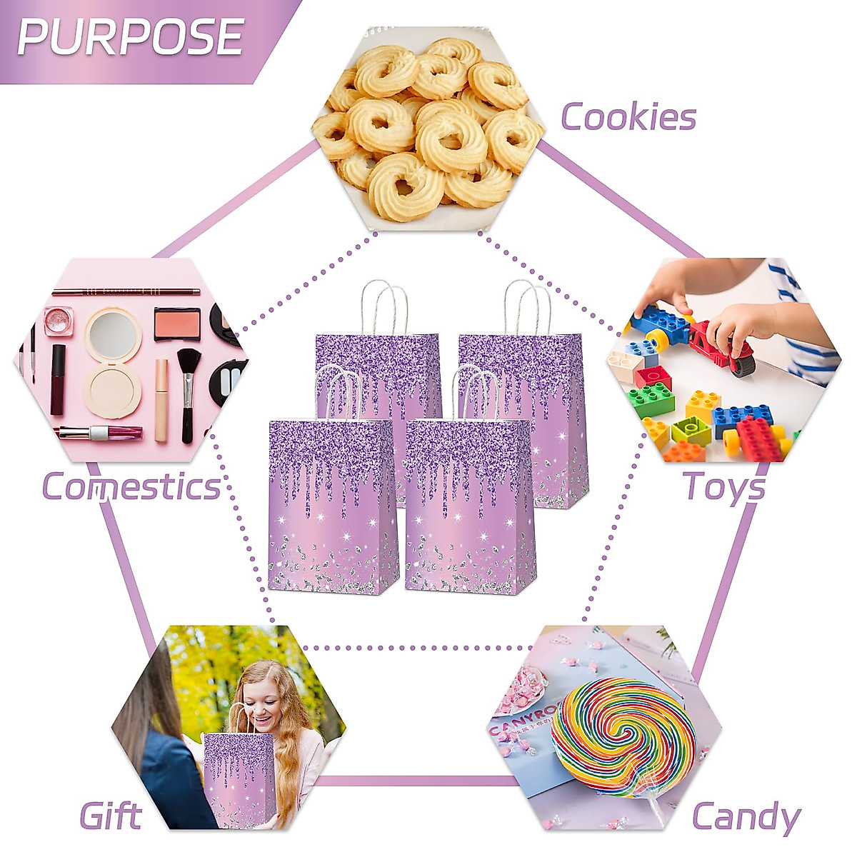 12Pcs Purple and Silver Gift Bags Glitter Diamond Goodie Bag Happy Birthday Treat Bag Glitter Purple Candy Bags Supplies for Wedding Bridal Baby Shower Holiday Party Favors Decorations 4.7*3.15*8inch