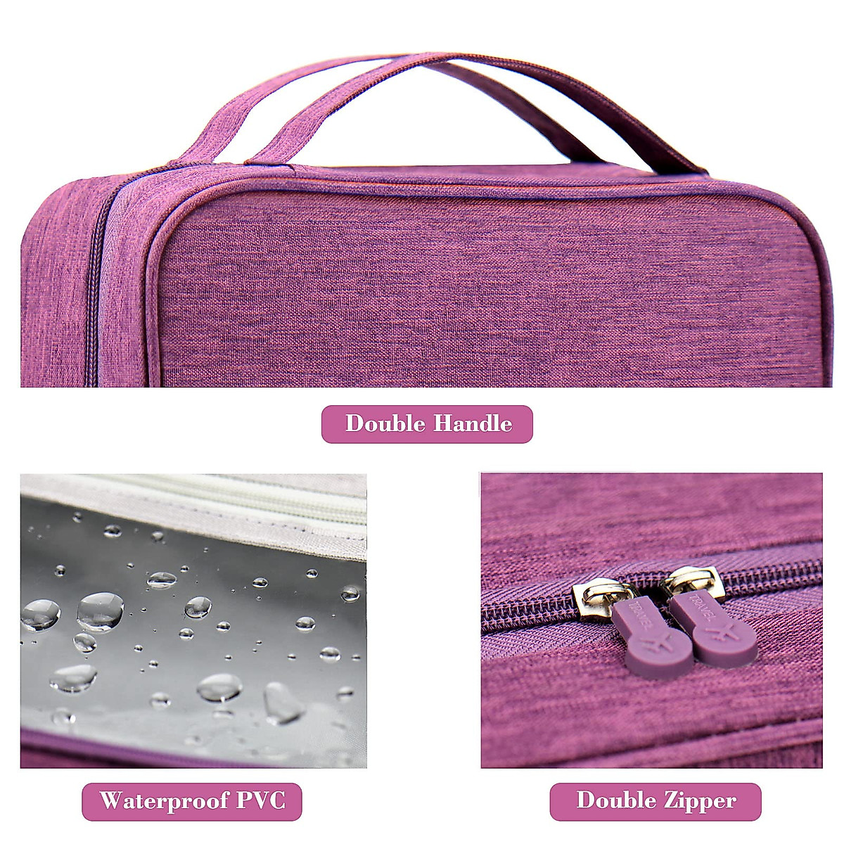 QIALUOBAO Travel Toiletry Bag with Hanging Hook, Small and Medium Water-resistant Makeup Cosmetic Bag, Full Size Container for Travel, Portable Cosmetic Organizer (Purple)